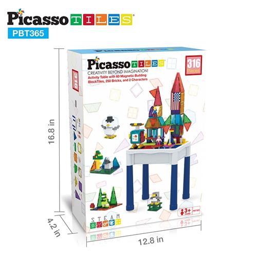 Picasso Tiles 6-in-1 Activity Table with 60 Magnetic Tiles, 250 Bricks ...